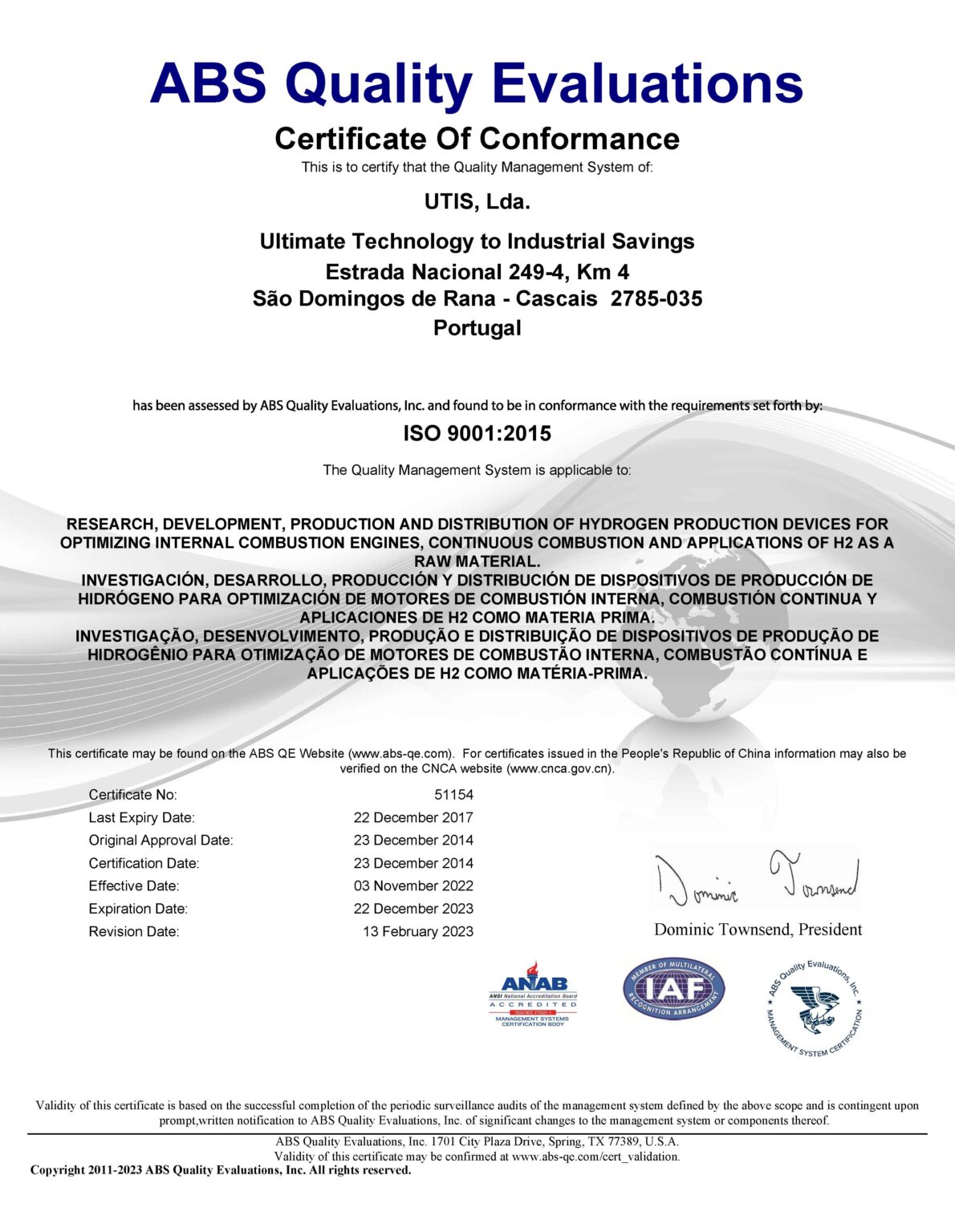 UTIS obtains ISO 9001: 2015 Certification | UTIS